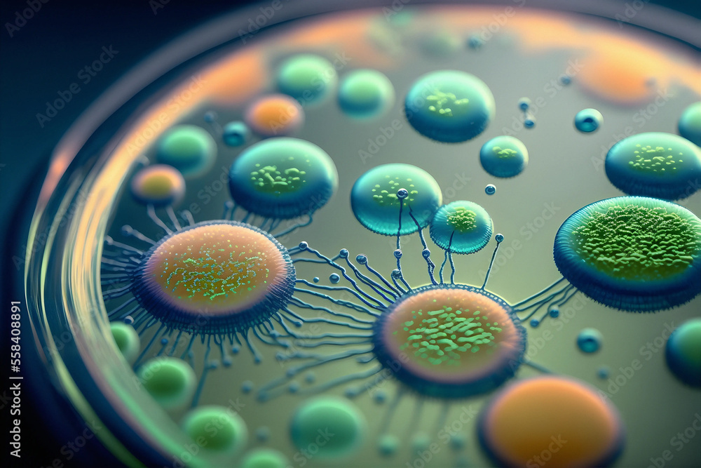 Macro close up shot of bacteria and virus cells in a scientific ...