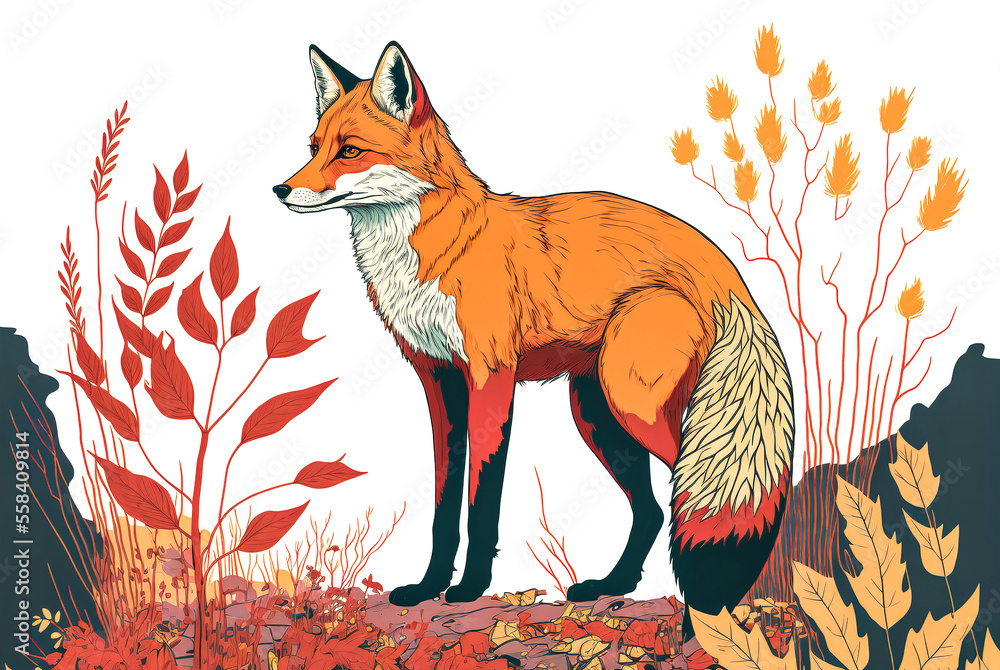 Side view of a cute red fox standing on a ground covered with leaves ...