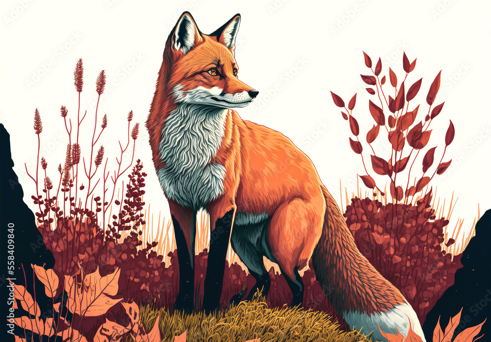 Side view of a cute red fox standing in a field of grass with foliage ...