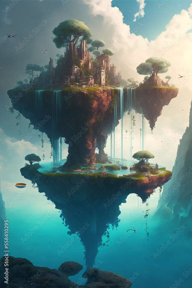 Mystical floating islands of Aetheria. The delicate, suspended platforms and cascading ...