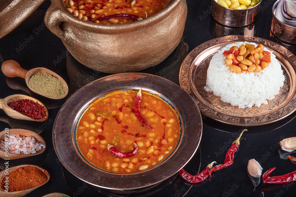 Turkish food on the table Baked bean pilaf (dark blue beans and rice ...