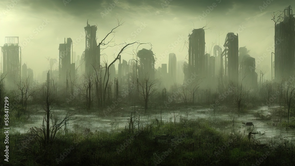 Abandoned post-apocalyptic city, destroyed bridge in flooded cityscape ...