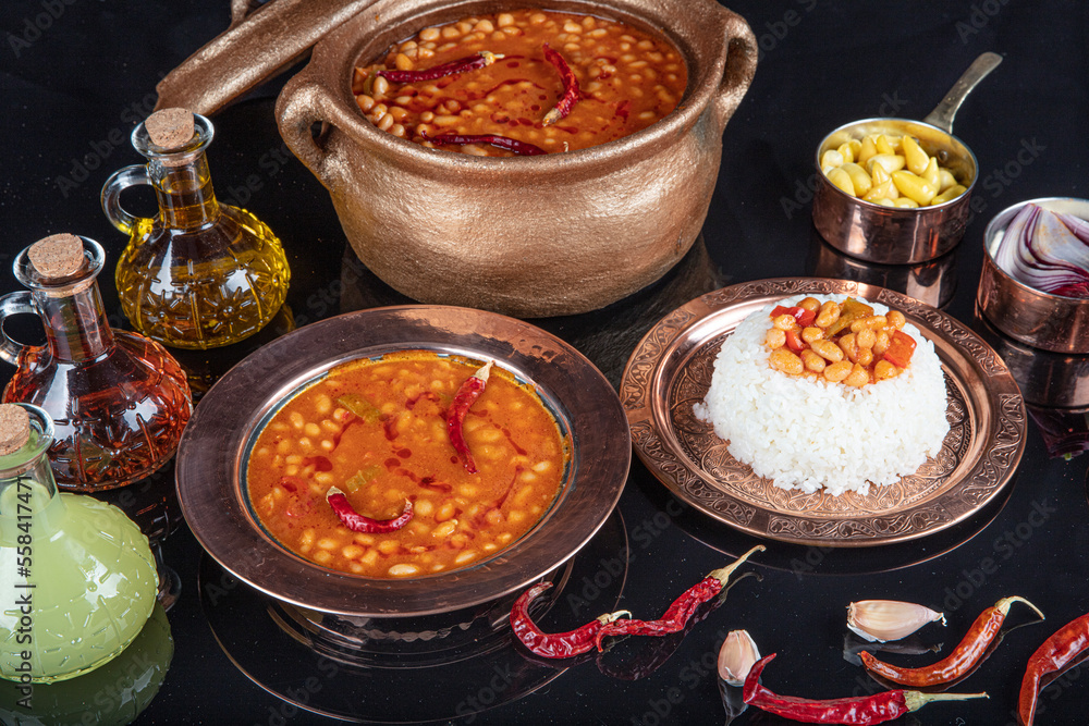 Turkish food on the table Baked bean pilaf (dark blue beans and rice ...