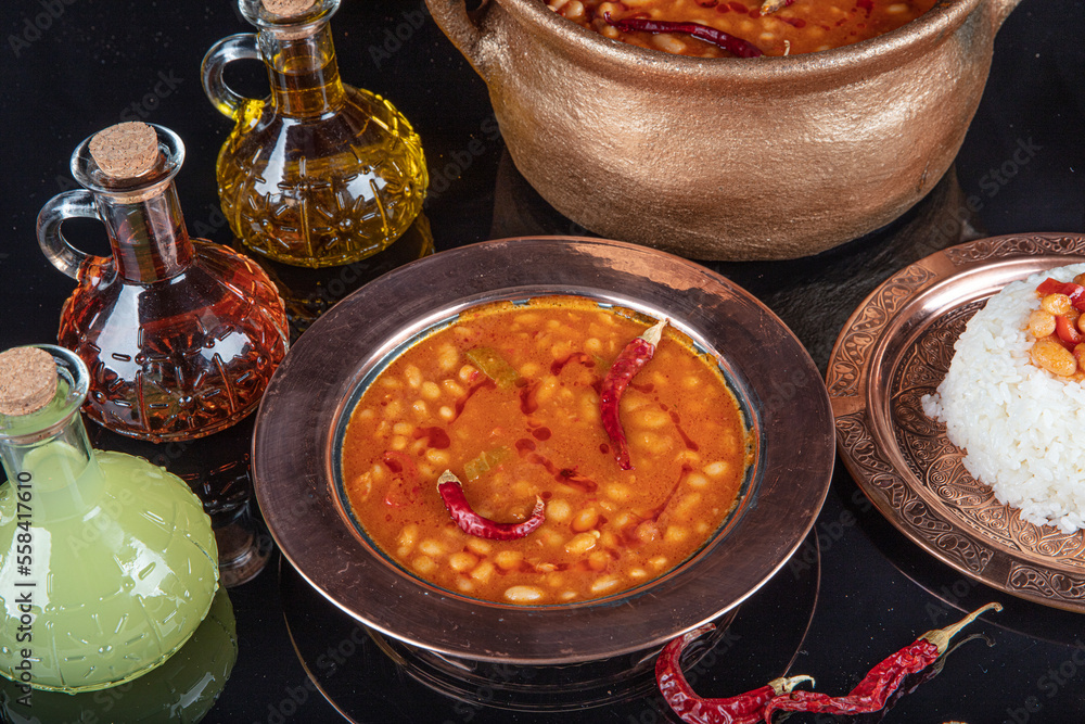 Turkish food on the table Baked bean pilaf (dark blue beans and rice ...