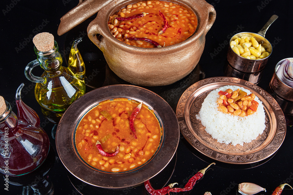 Turkish food on the table Baked bean pilaf (dark blue beans and rice ...