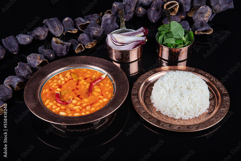 Turkish food on the table Baked bean pilaf (dark blue beans and rice ...