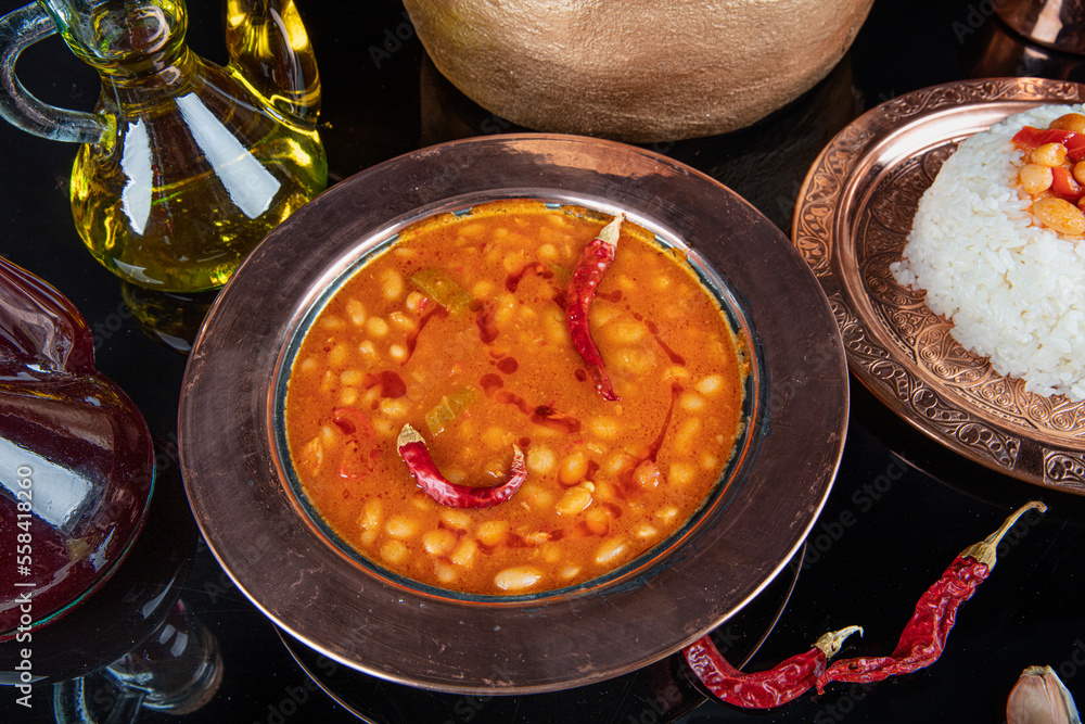 Turkish food on the table Baked bean pilaf (dark blue beans and rice ...
