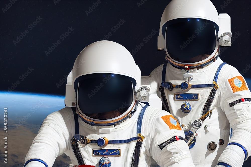 ภาพประกอบสต็อก Astronaut on rock surface with space background ...