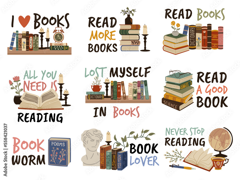 Reading emblems. Books with cute phrases, library labels, cozy quotes ...