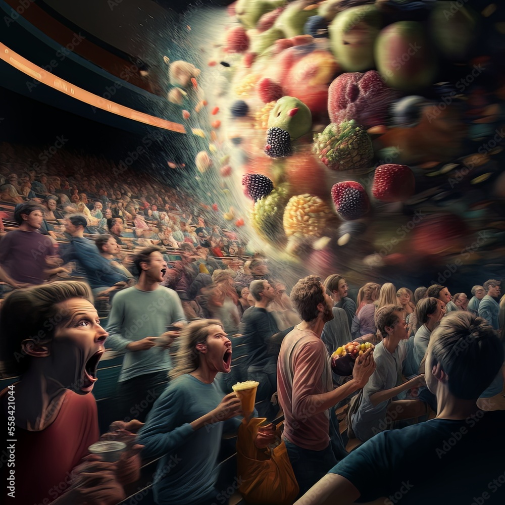 People throwing fruits at movie theatre Concept for climate change ...
