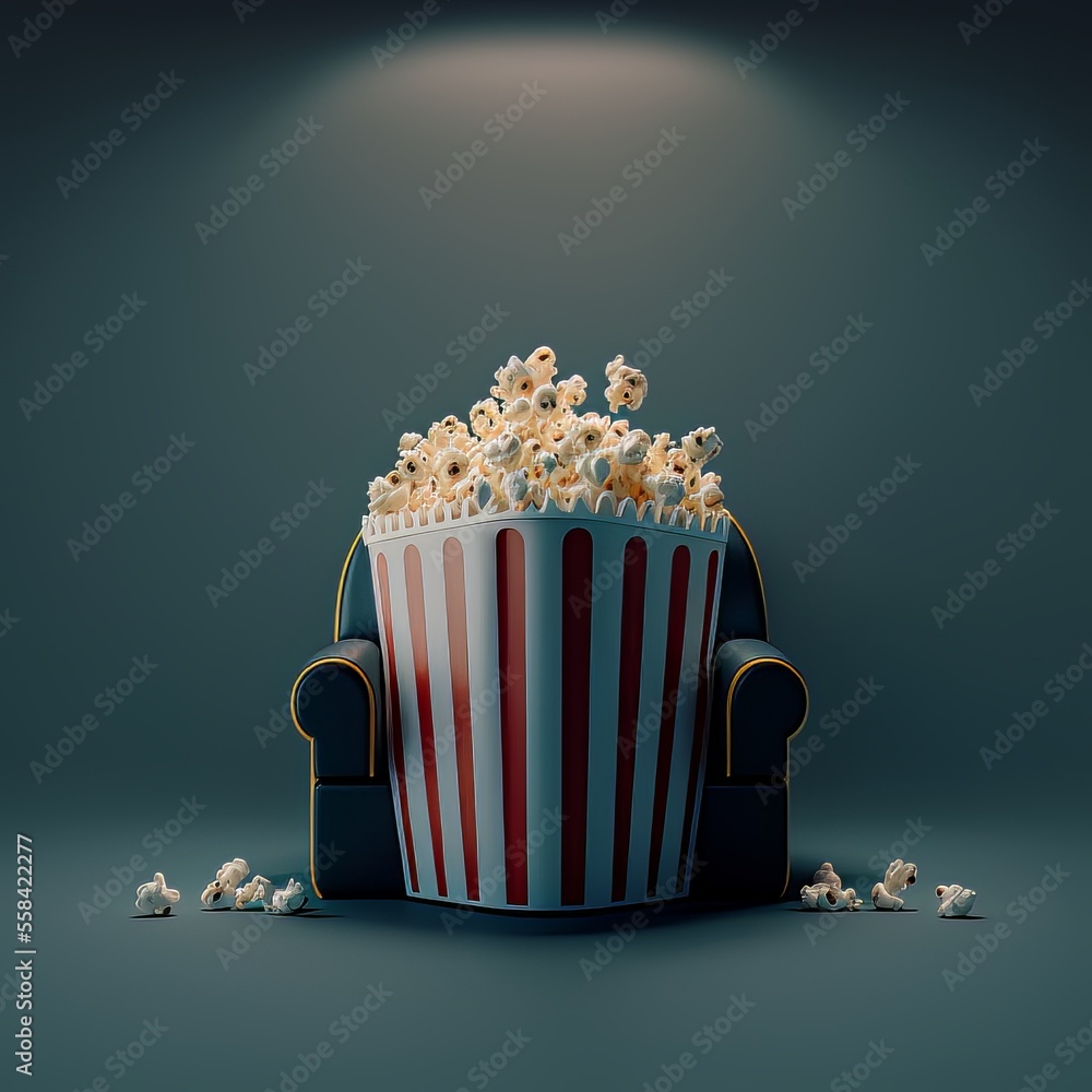 3d render of a classic striped popcorn box standing on cinema seat ...