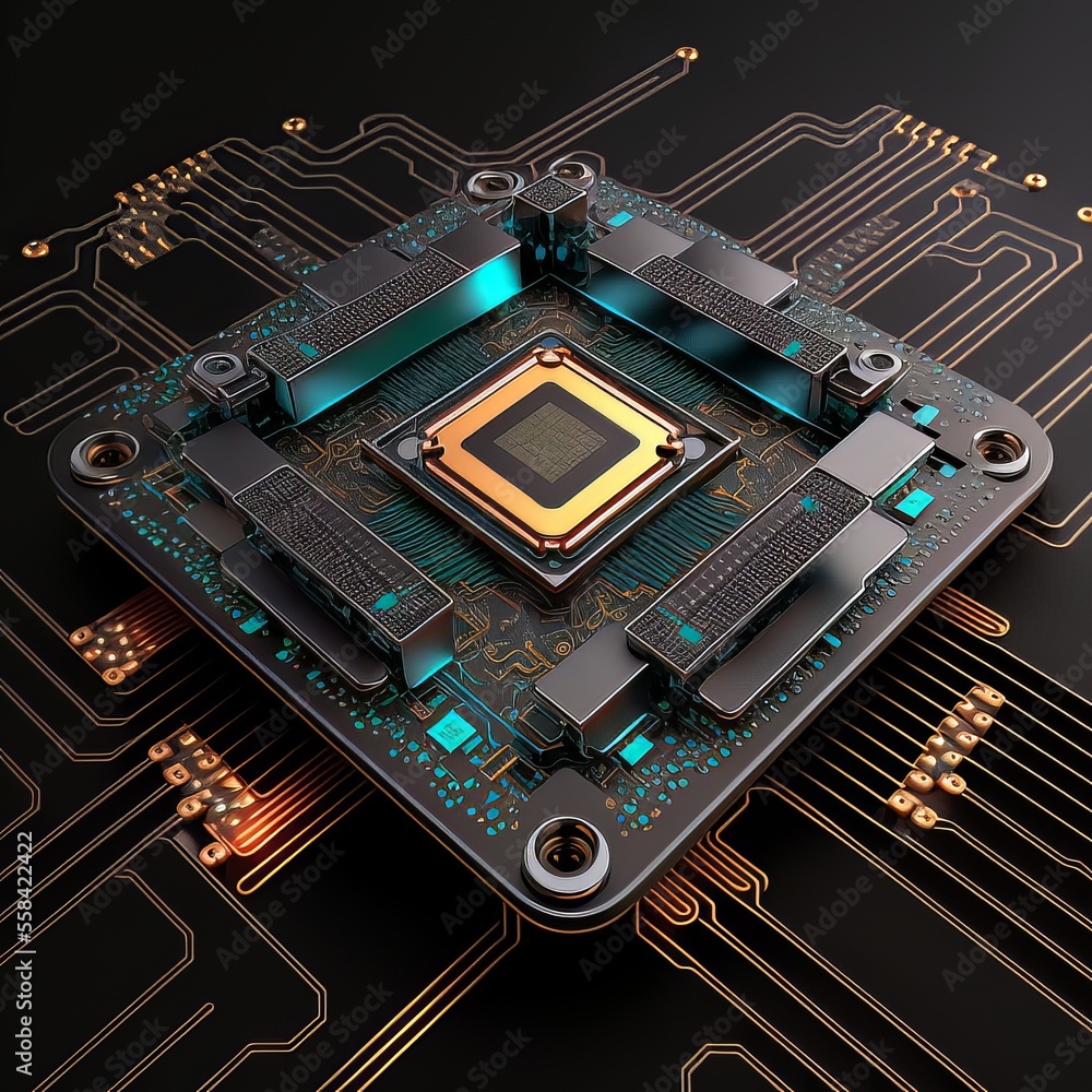 3d render of printed circuit board with processor on black background ...
