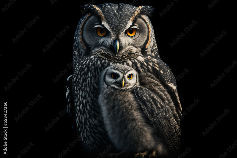Mother owl with her owlet, motherhood concept. Female owl with small ...