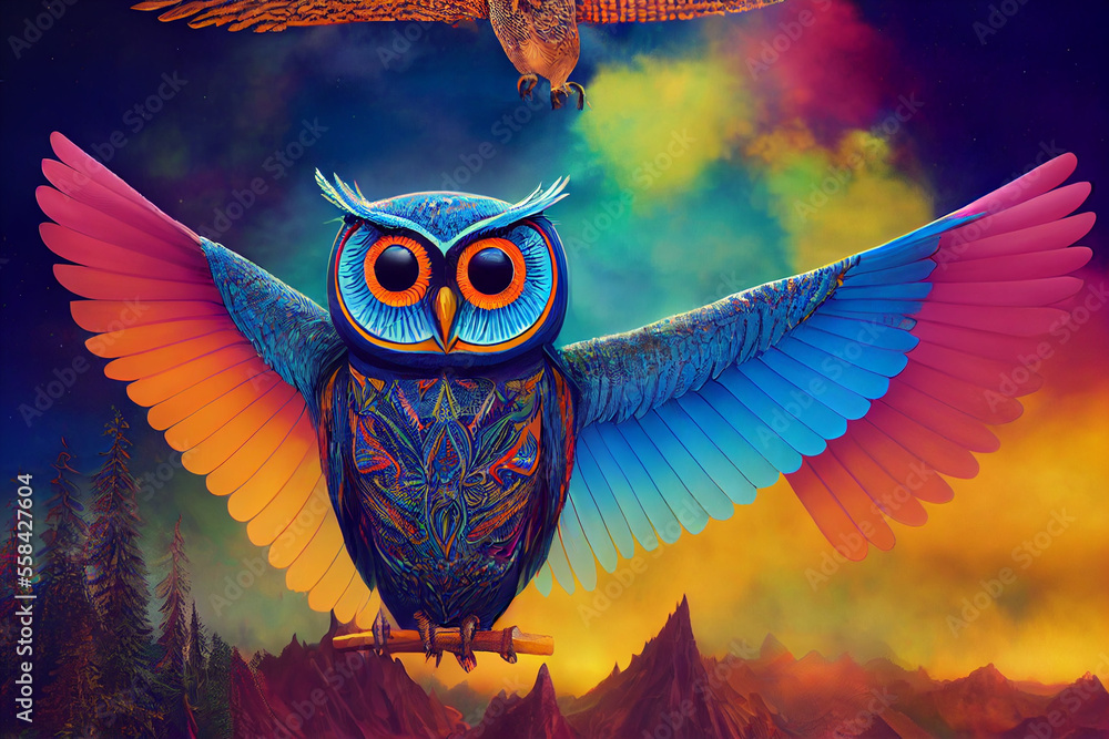 Colourful Owls in a fantasy aesthetic forest digital illustration ...