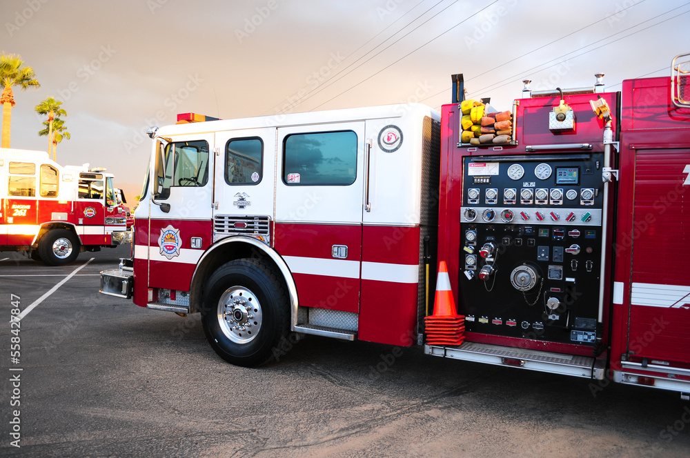 Two fire engines on parking lot of commercial premises Stock Photo ...