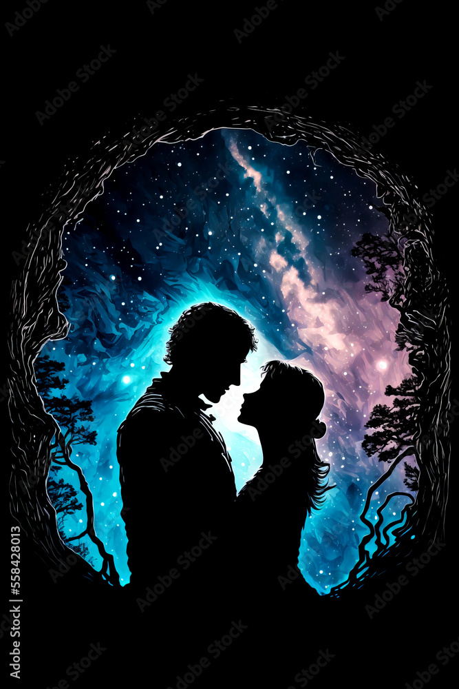 Couple kissing silhouette on a starry sky background. Couple eternal love concept. Passion, love ...