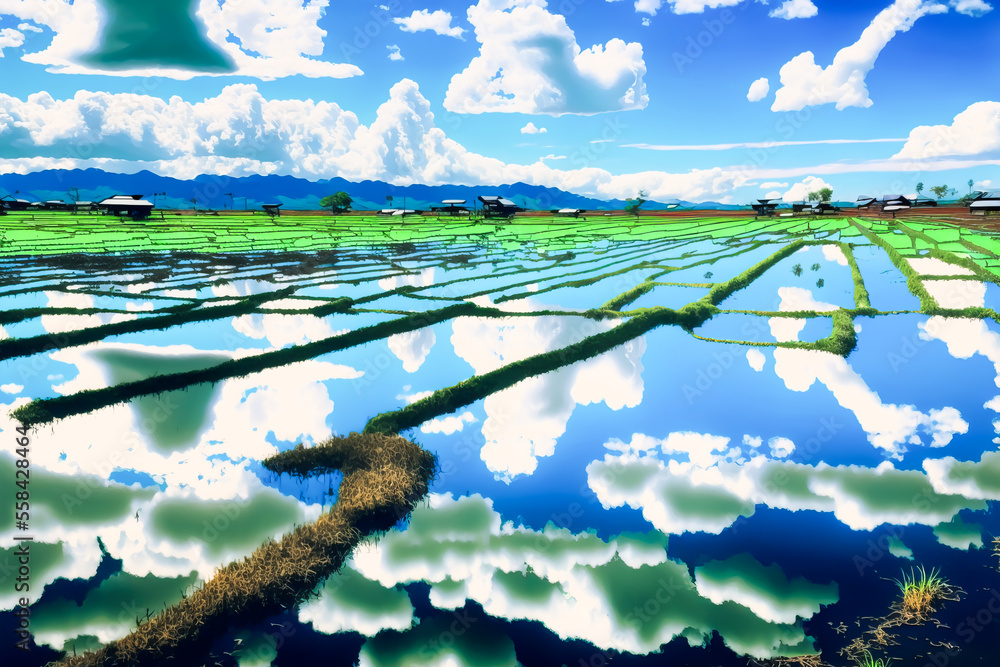 Sky reflection in a water of a rise fields. Blue water in rise field ...