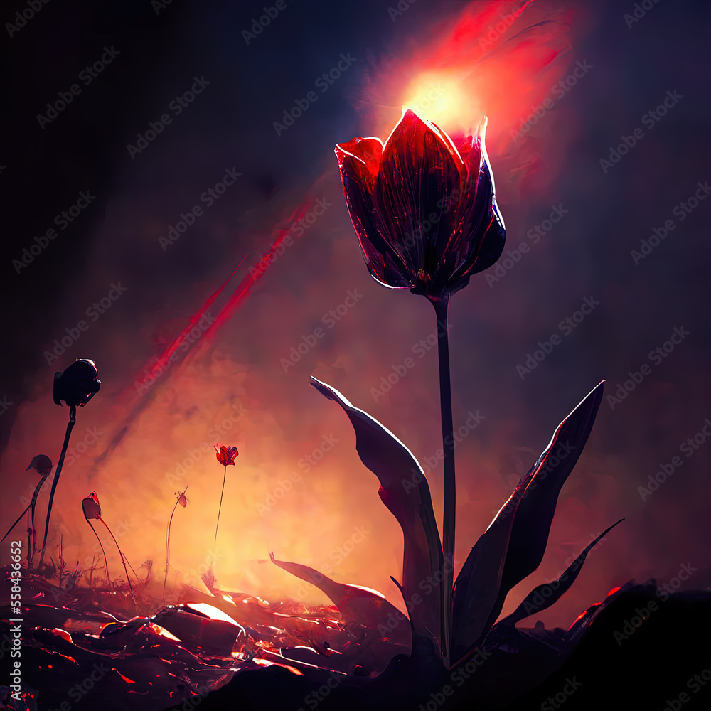 Rose with red lens flare on a dark and moody background Stock ...