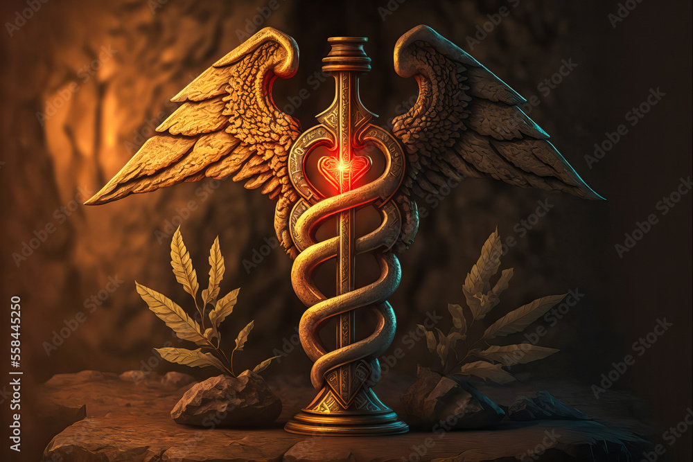 Richly stylized caduceus on a rock background, representing an image of ...