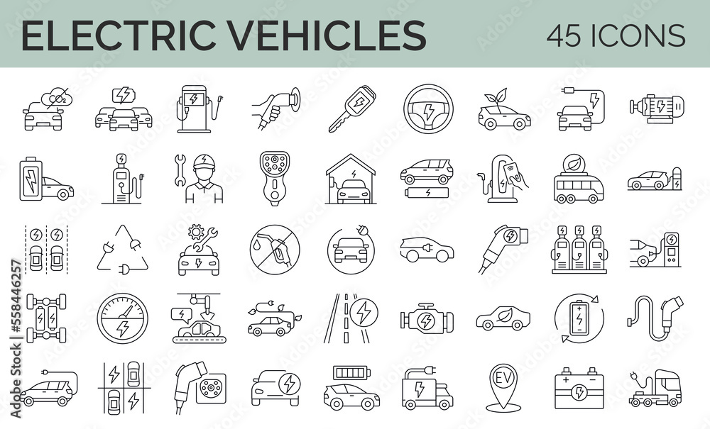 Set of 45 vector line icons related to electric cars and eco transport ...
