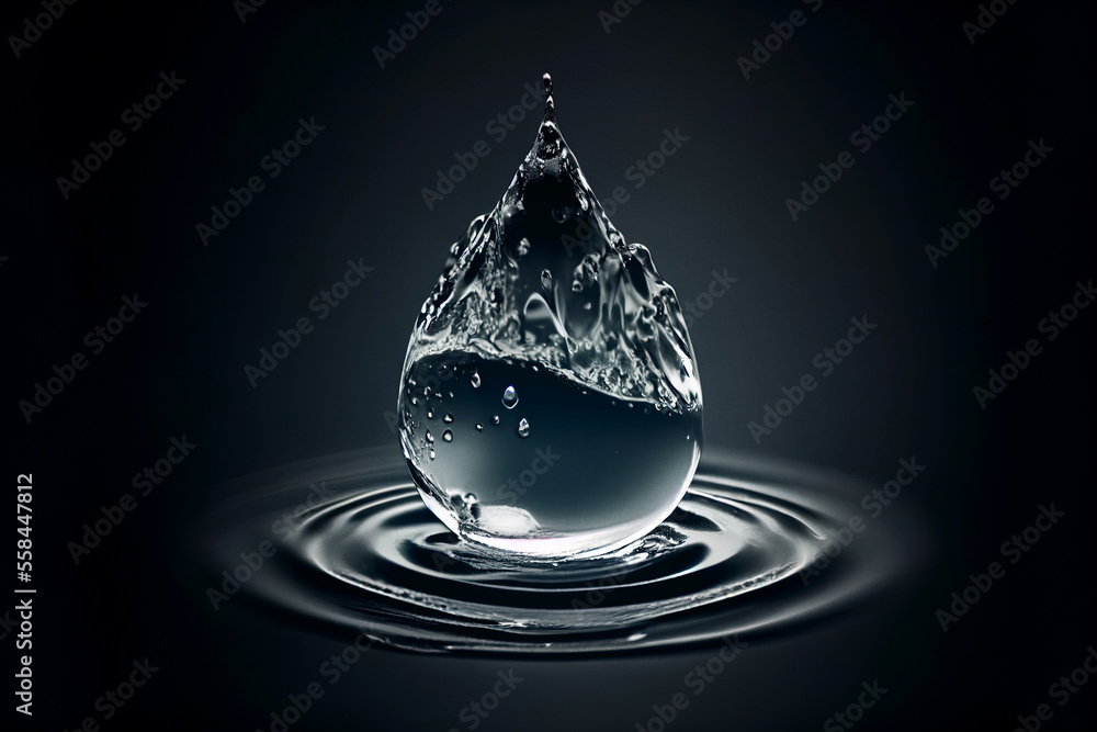 Pure water drop with splashes on black background. Digitally generated ...