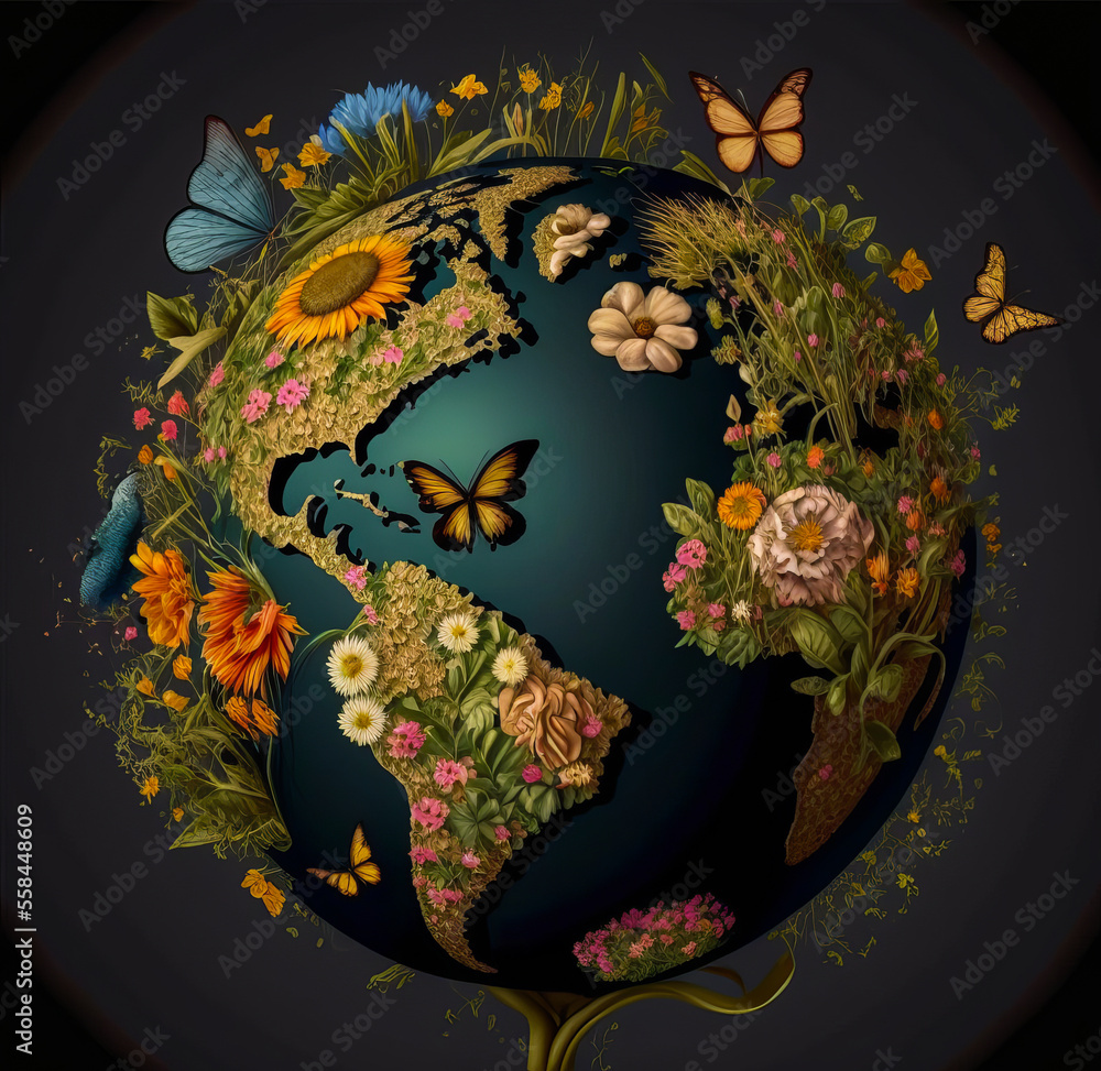 The lush planet earth with butterflies and green plants reflects an ...