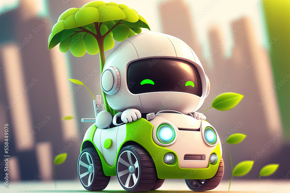 Cute robot driving an electric car in a city created using Generative ...