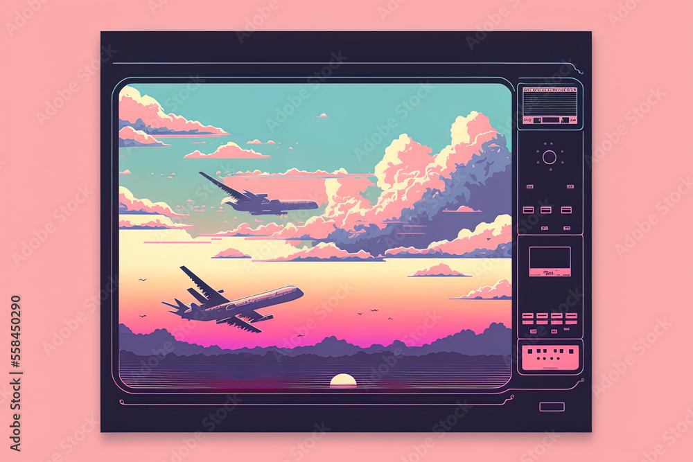 Retrowave VHS vibes, a soft pastel neon glow cloud, an aircraft, and a ...