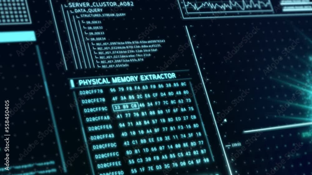 Close-up Futuristic digital cybersecurity data center interface screen ...