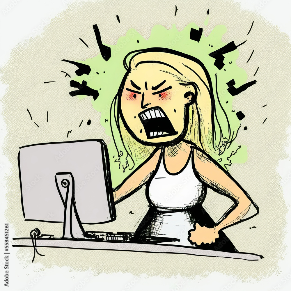 An angry, agitated woman showing her displeasure with a computer ...