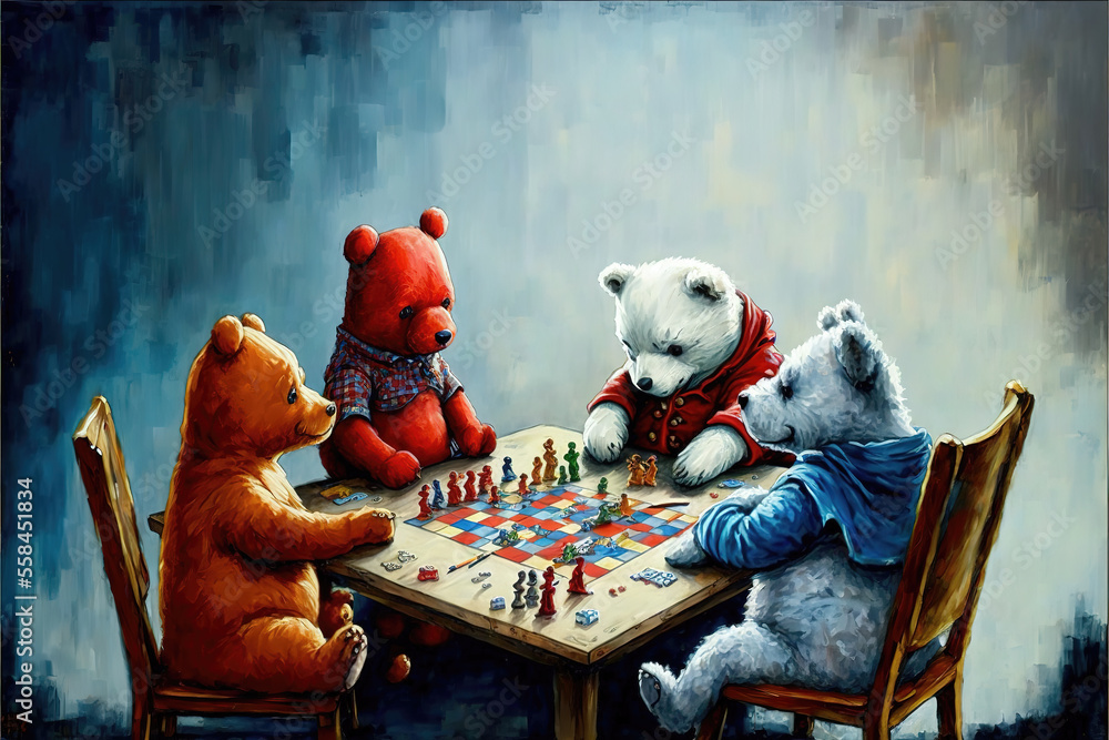 fairytale inspired illustration of teddy bears playing a boardgame ...