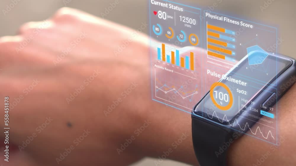 Futuristic hologram infographic display on smartwatch, 3d rendering medical data user interface ...