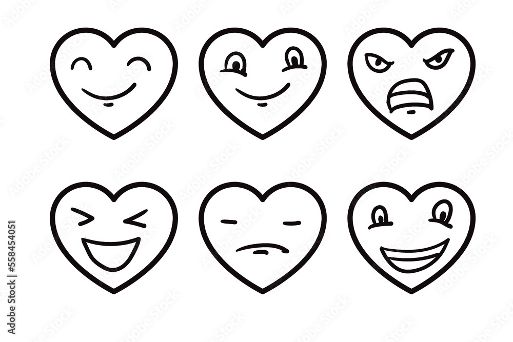 love shape with expression. heart emoticon outline black and white ...