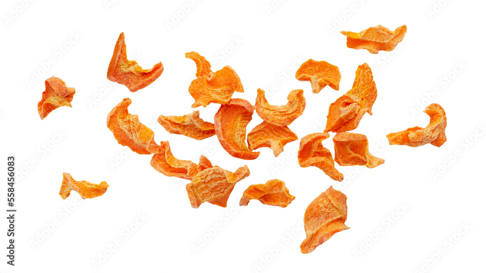 Dry carrot flakes isolated on white background, top view. Set of dry ...