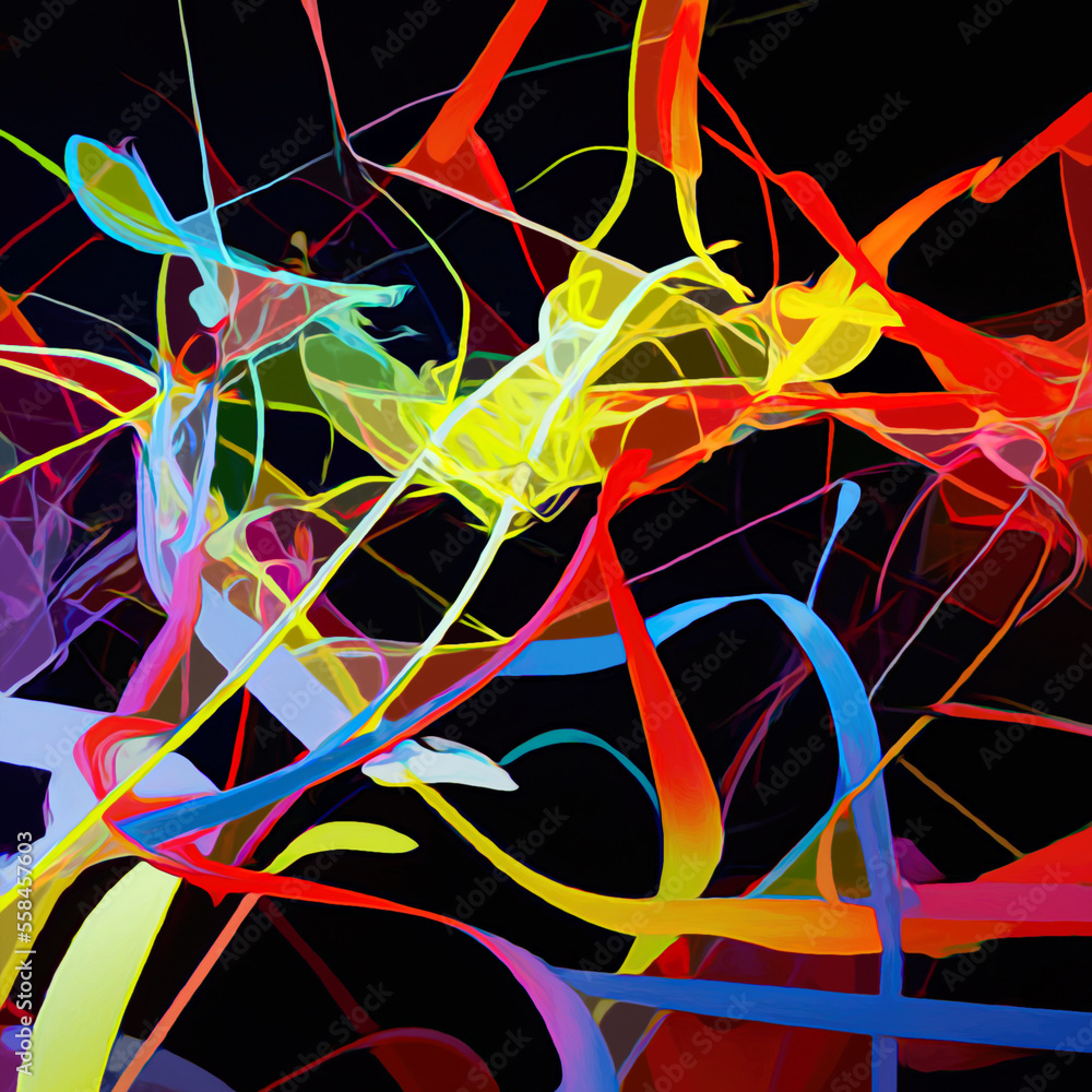 Multicolored abstract of many glowing tendrils crisscrossing on black ...