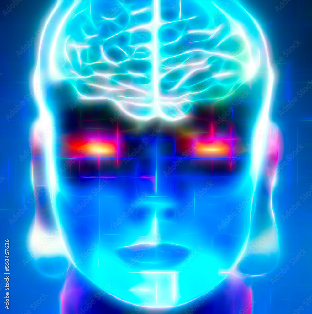 Visionary abstract portrait of woman brainiac with glowing eyes and ...