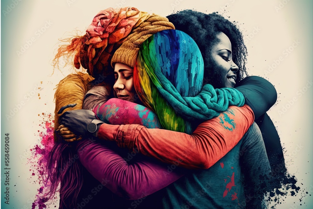 Group of multicultural imaginary people. Friends hugging and embracing ...