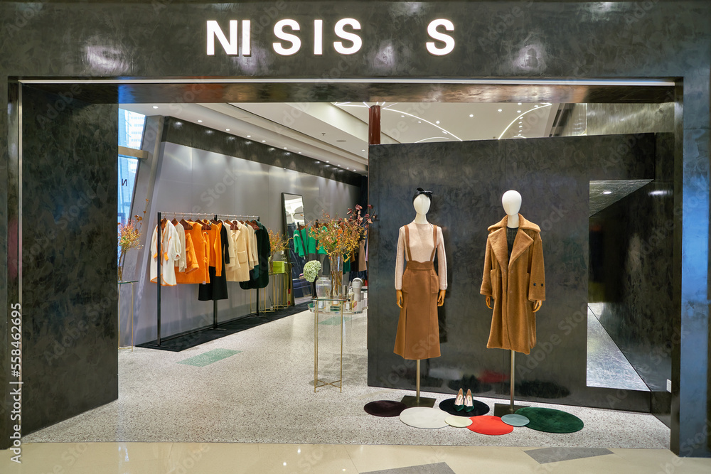 SHENZHEN, CHINA - CIRCA NOVEMBER, 2019: dressed mannequins on display at Ni Sis S store as seen ...