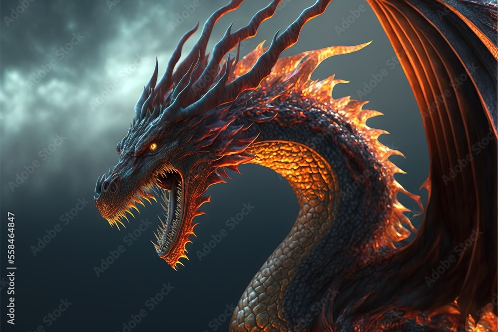 a red dragon with its mouth open on a dark background with smoke and ...