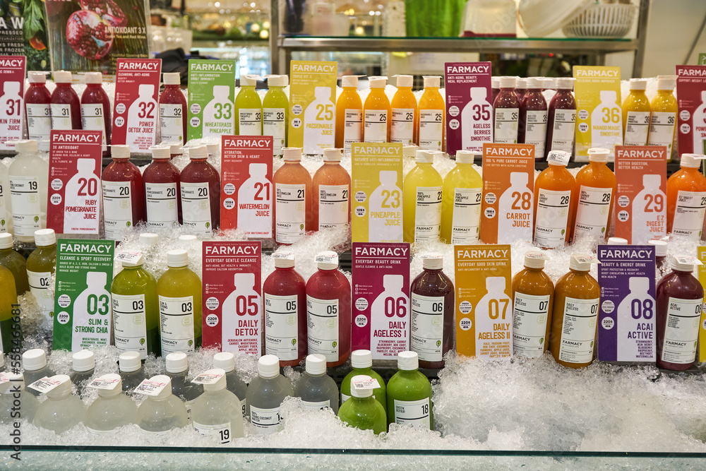 BANGKOK, THAILAND - CIRCA JANUARY, 2020: various juices displayed at ...