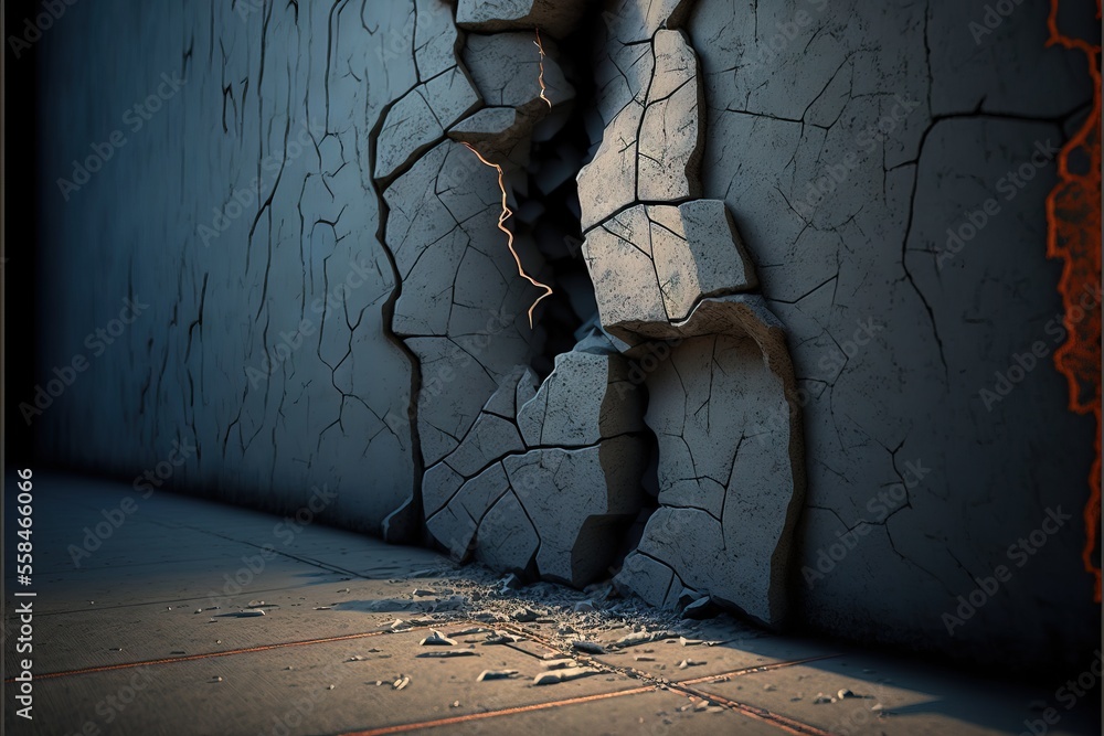 a crack in a wall with a brick floor and a light shining through it ...
