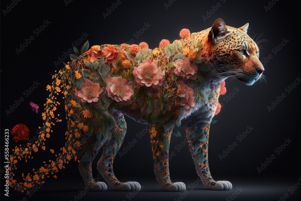 a leopard with flowers on its back and a black background with a black ...