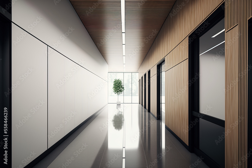 View of an office corridor from the front, showing a row of conference ...