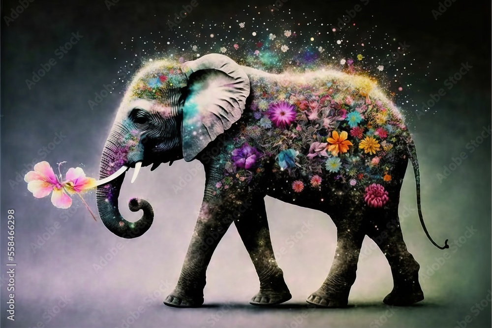 an elephant with flowers on its trunk and a flower in its trunk with a ...