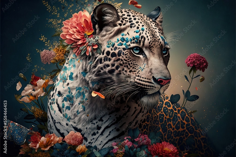 a painting of a leopard with flowers on its head and a butterfly on its ...