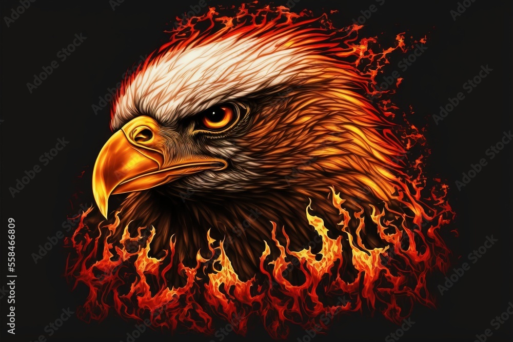 a bald eagle with flames on it's head and a black background with red and yellow flames on it's ...
