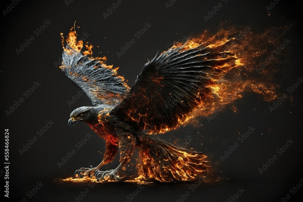 a fire eagle flying through the air with it's wings spread wide open ...