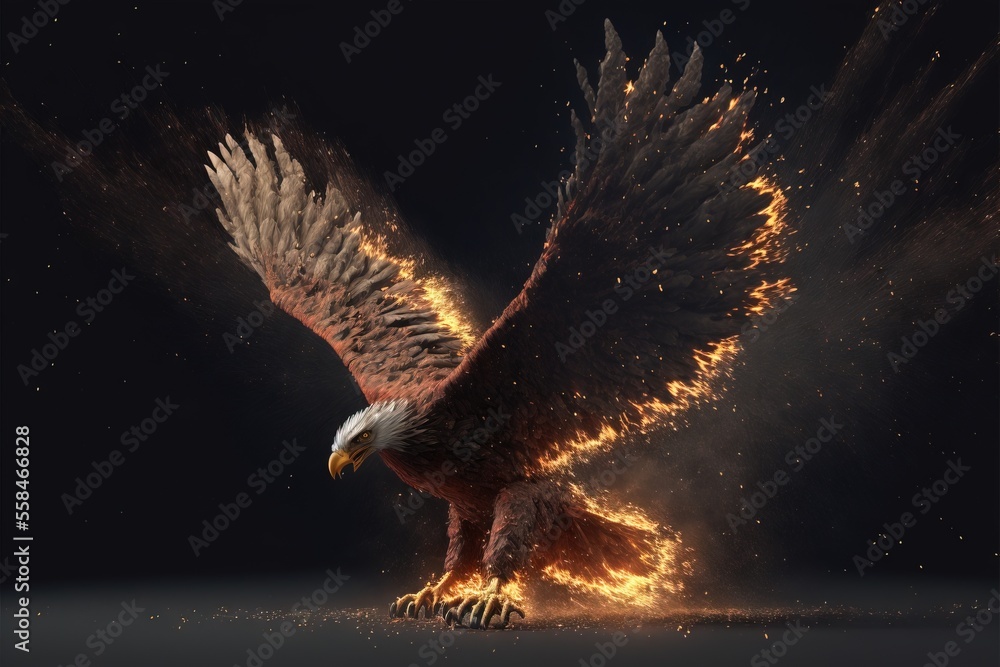 a large bird with a lot of fire on its wings and wings spread out, with ...