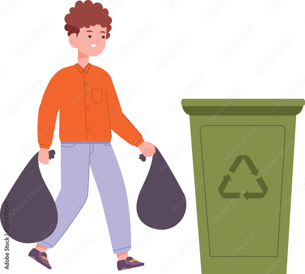 Kid throwing garbage. Boy carrying trash bags Stock Vector | Adobe Stock