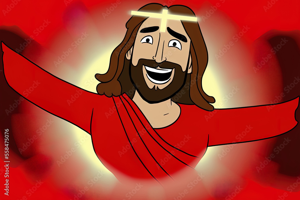 Jesus in red attire, smiling and floating above in a charitable ...
